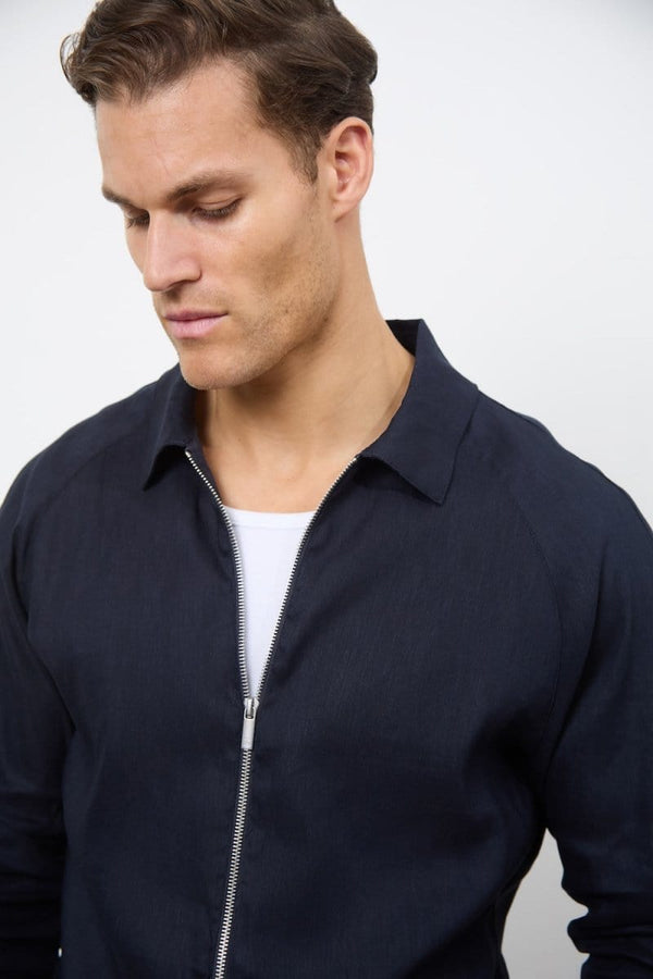 Stretch Linen Blend Zip Through Jacket in Navy