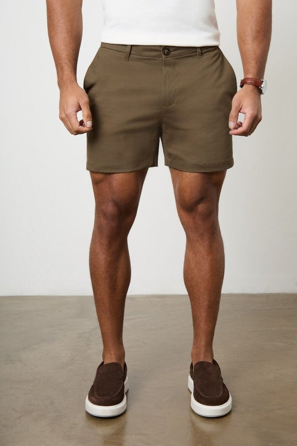 Muscle Fit Stretch Chino Shorts - Shorter Length in Khaki
