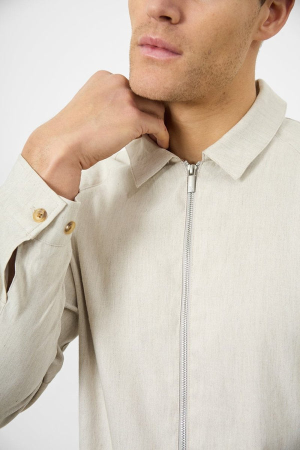 Stretch Linen Blend Zip Through Jacket in Oatmeal