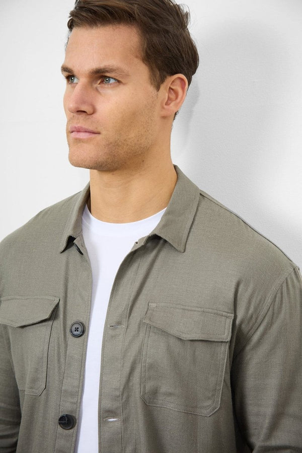 Stretch Linen Blend Pocket Overshirt in Mole